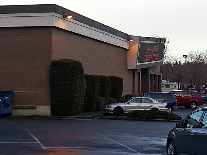 Even in twilight, this thrift store stands ready to welcome bargain hunters with its illuminated storefront.