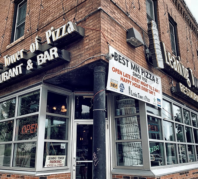 Brick building with big dreams and bigger slices &ndash; this tower definitely won't fall down.