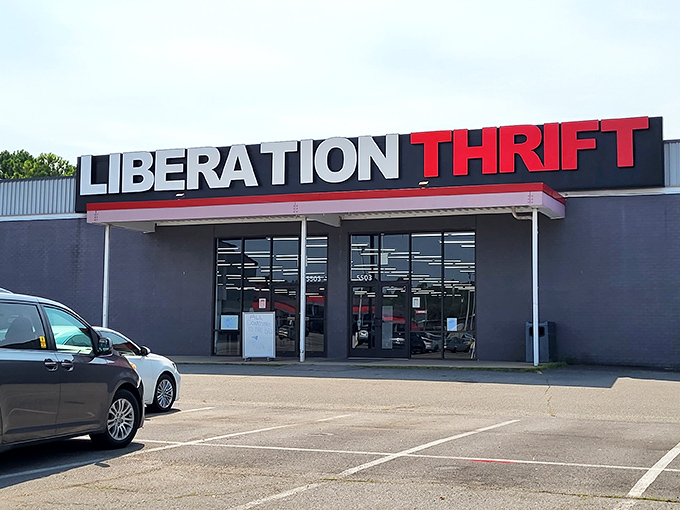 Morning light illuminates Liberation Thrift's spacious entrance, where budget-conscious shoppers begin their treasure hunt.