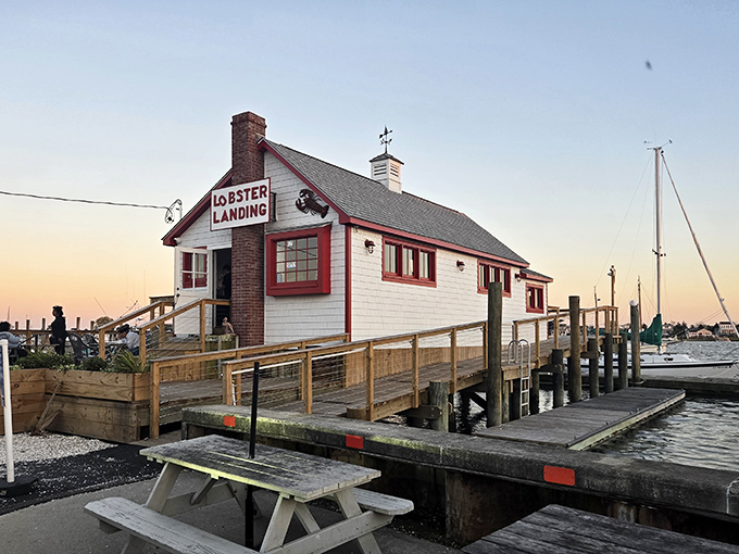 Sunset glow on weathered wood &ndash; Lobster Landing's dock setting turns a simple meal into a New England moment to remember.