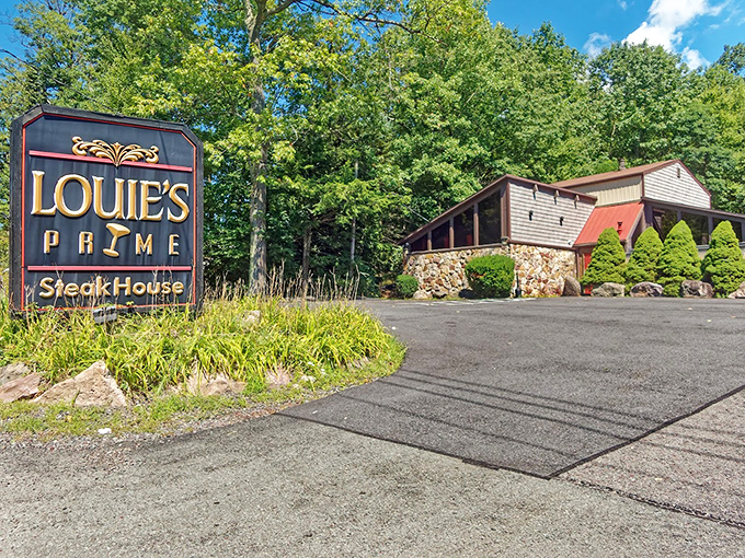 That Louie's sign standing proud against the forest backdrop&mdash;like nature itself is endorsing their ribeye!