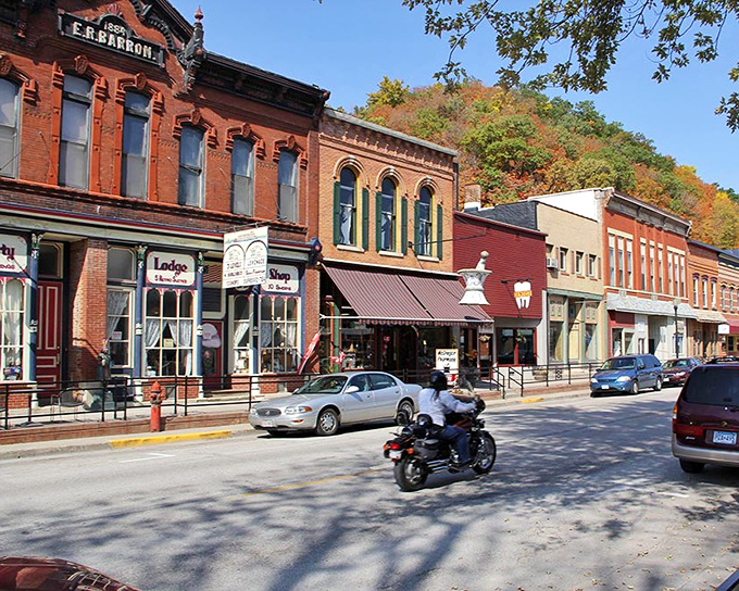 Fall in McGregor brings a painter's palette to these historic buildings. That motorcycle rider knows he's cruising through a slice of Americana.