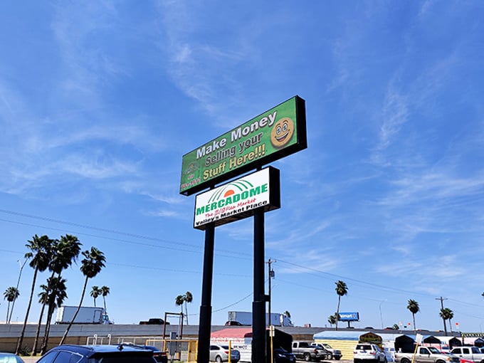 "Make Money Selling Your Stuff Here!" The Mercadome's sign beckons entrepreneurs under the brilliant blue South Texas sky.