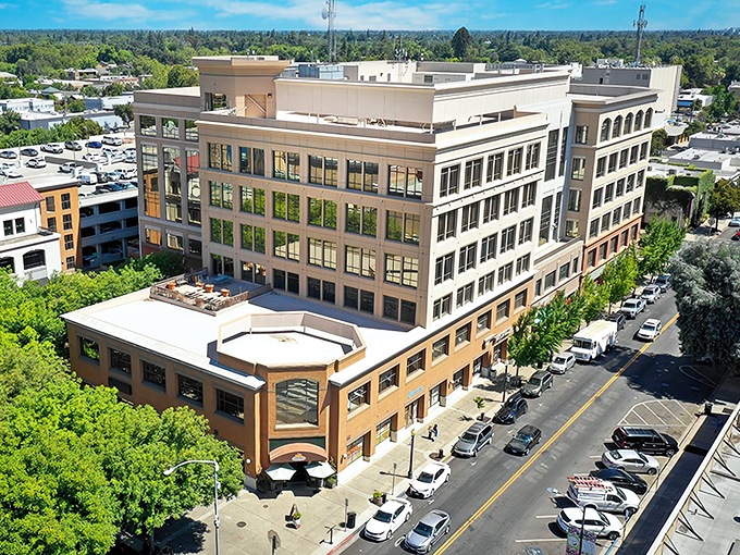 The clean lines of Modesto's downtown architecture suggest a community that takes pride in both form and function.