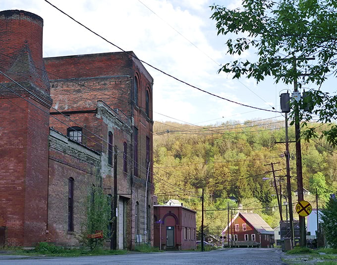 Historic brick buildings stand proud on Main Street, holding stories from Pennsylvania's industrial past in every weathered wall.
