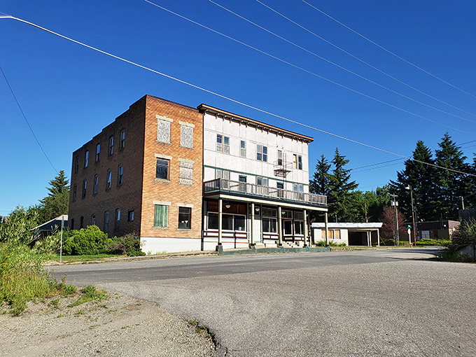 This sturdy brick building in Priest River has weathered decades of Idaho seasons, standing as a testament to frontier craftsmanship.