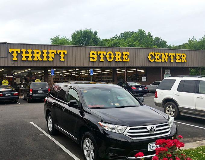 The parking lot view of Prime Thrift doesn't reveal the bargain bonanza inside. Never judge a thrift store by its exterior!