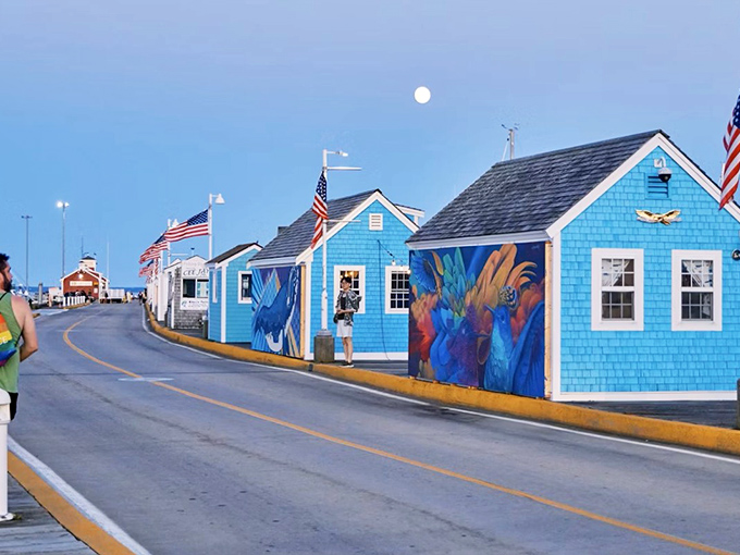Flags flutter above Provincetown's shops while cyclists navigate the narrow streets of this vibrant coastal haven.