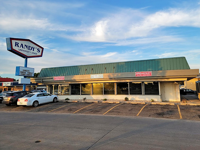 Morning light bathes Randy's University Diner, where breakfast is served all day because pancake cravings don't follow a schedule.