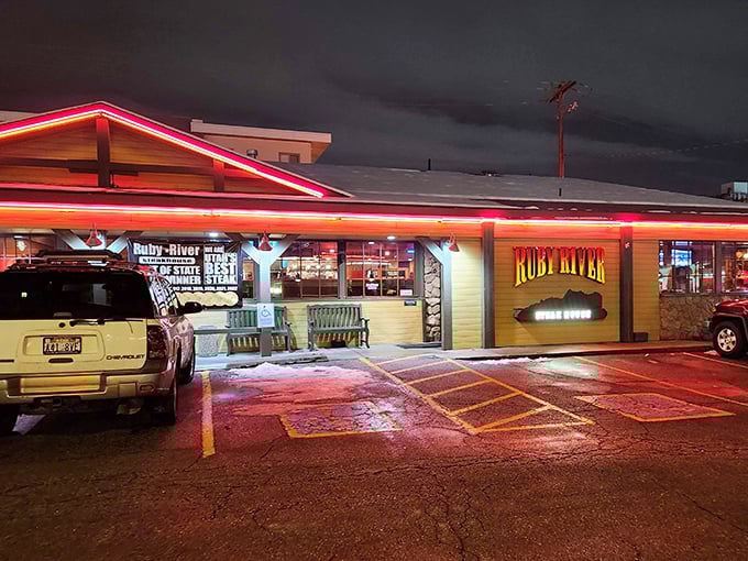 That red glow means business - serious steak business that keeps families coming back for decades.