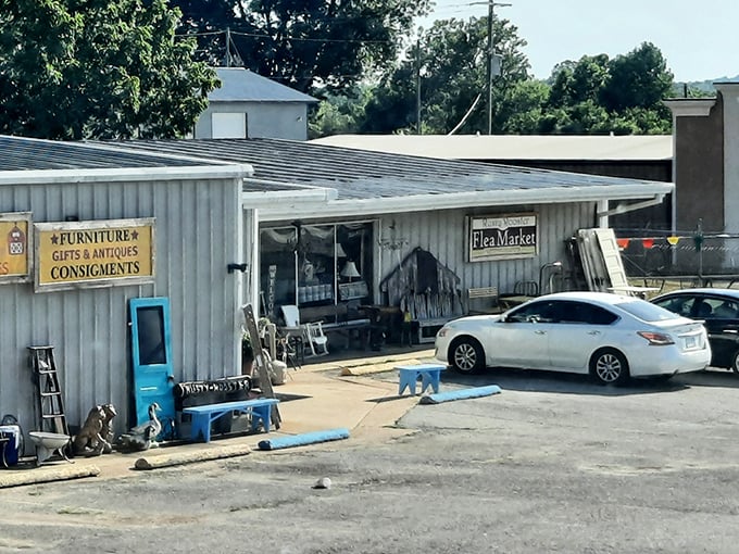 The Rusty Rooster's rustic sign promises treasures for those willing to scratch beneath the surface.