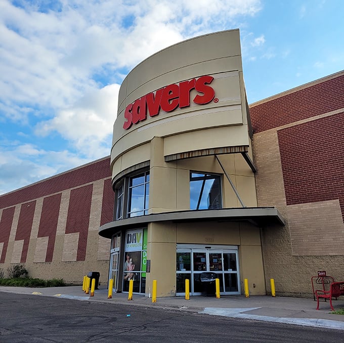 The impressive Savers storefront catches blue sky reflections in its windows. Even the building seems to say "come find something special."