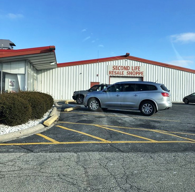 The side view reveals Second Life's true size&mdash;it's the iceberg of thrift stores! That parking lot fills up faster than a buffet on senior discount day.