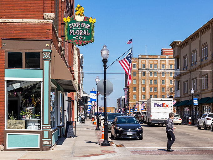 State Fair Floral's vintage sign adds a splash of color to Sedalia's streetscape. These mom-and-pop shops are the soul of small-town America.
