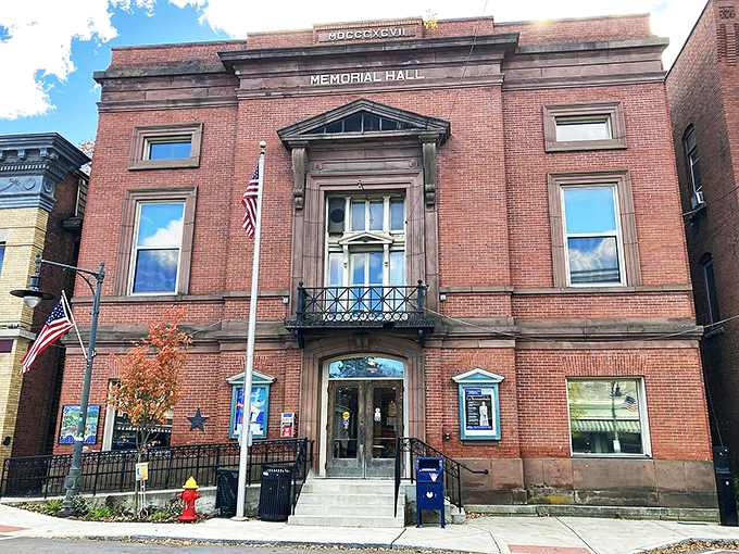 This stately Memorial Hall stands proud as a town centerpiece, welcoming visitors with classic New England dignity.