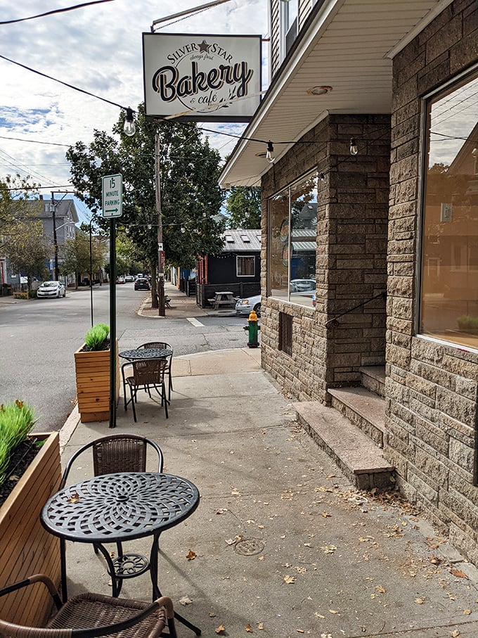 Outdoor seating where malasadas are devoured and neighborhood gossip is exchanged in equal measure.