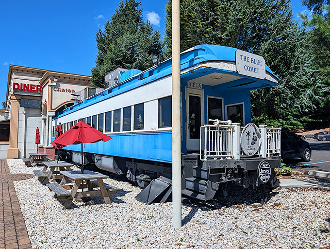 All aboard the Blue Comet! This converted train car offers the unique experience of enjoying pancakes in a piece of railway history.