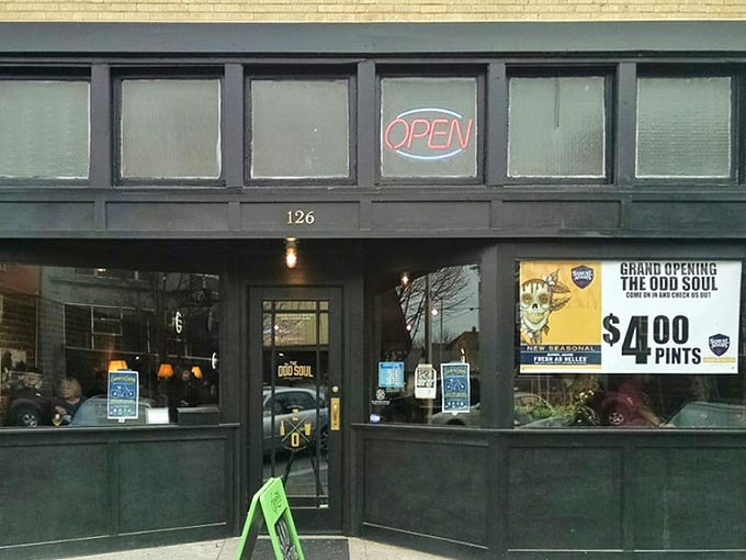 Daylight showcases The Odd Soul's charming checkered entrance&mdash;like walking into a Wes Anderson film where pizza is the star.