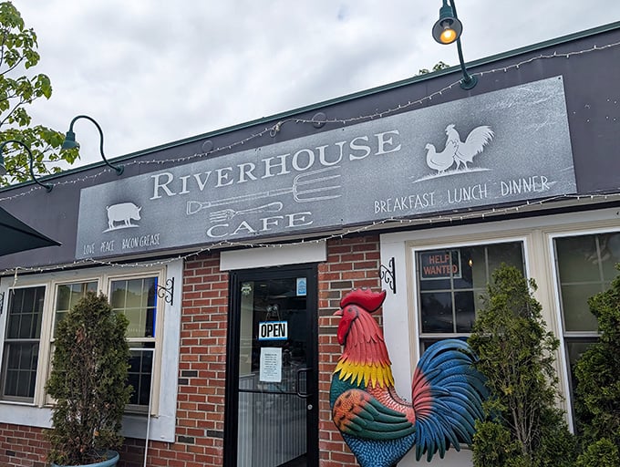 That rooster isn't just decoration - it's a promise that fresh, honest breakfast awaits behind these doors. 