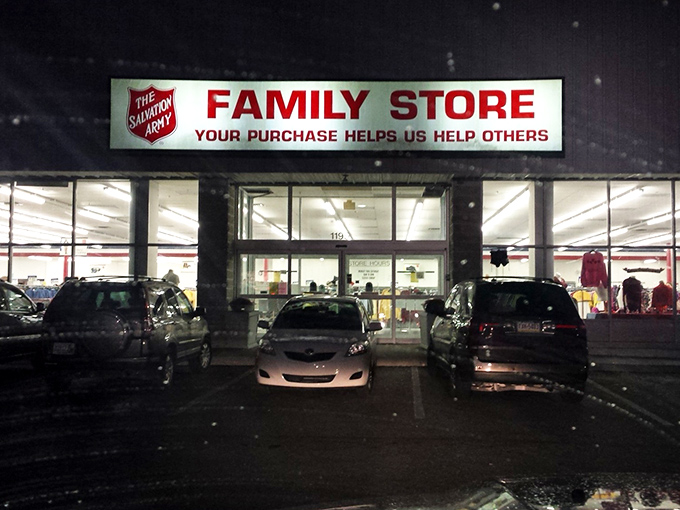 Even after dark, The Salvation Army's welcoming glow beckons night owls looking for last-minute bargains and unexpected treasures.