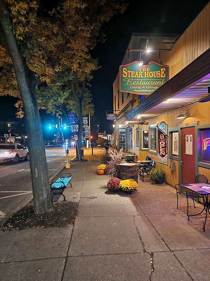 By night, The Steak House glows with promise &ndash; that warm light spilling onto Wellsboro's sidewalk is nature's way of saying "dinner's ready."