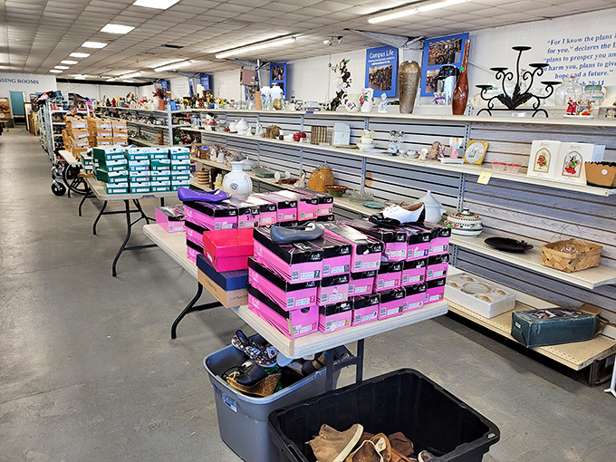 Inside Thrift Mart, pink shoe boxes stack like building blocks of fashion potential. Every shelf holds someone's next favorite outfit!