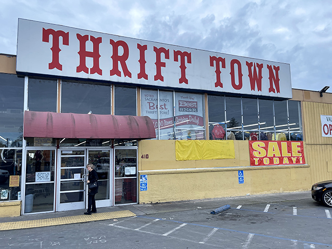 Sale banners promise even deeper discounts at this thrifting institution. The modest exterior conceals mountains of potential finds.