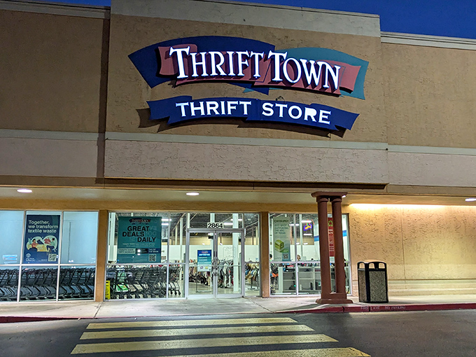 Day or night, Thrift Town's illuminated sign promises retail adventures that won't empty your wallet.