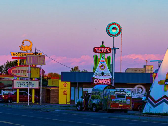 Tucumcari's neon-lit Route 66 strip glows like a vintage postcard, beckoning travelers to slow down and stay awhile.
