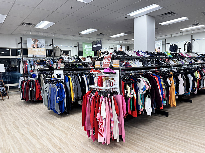 Racks upon racks of carefully curated clothing await, like a designer department store that's had an attack of common sense.