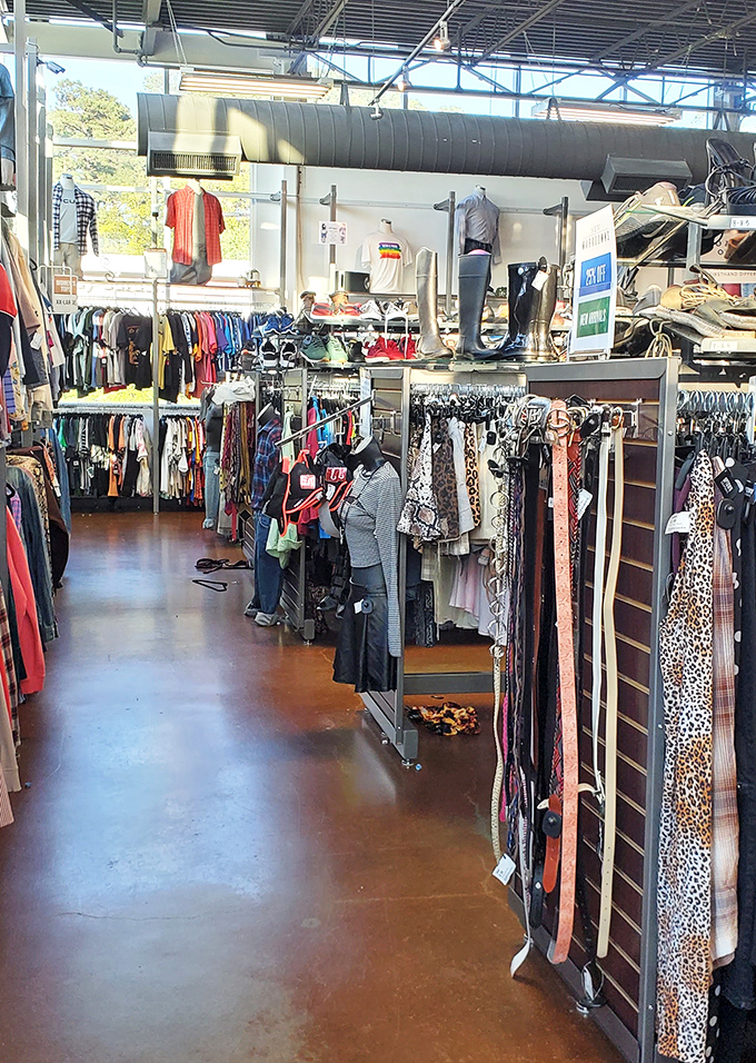Inside Uptown Cheapskate, racks of carefully curated clothing create a boutique feel at thrift store prices.