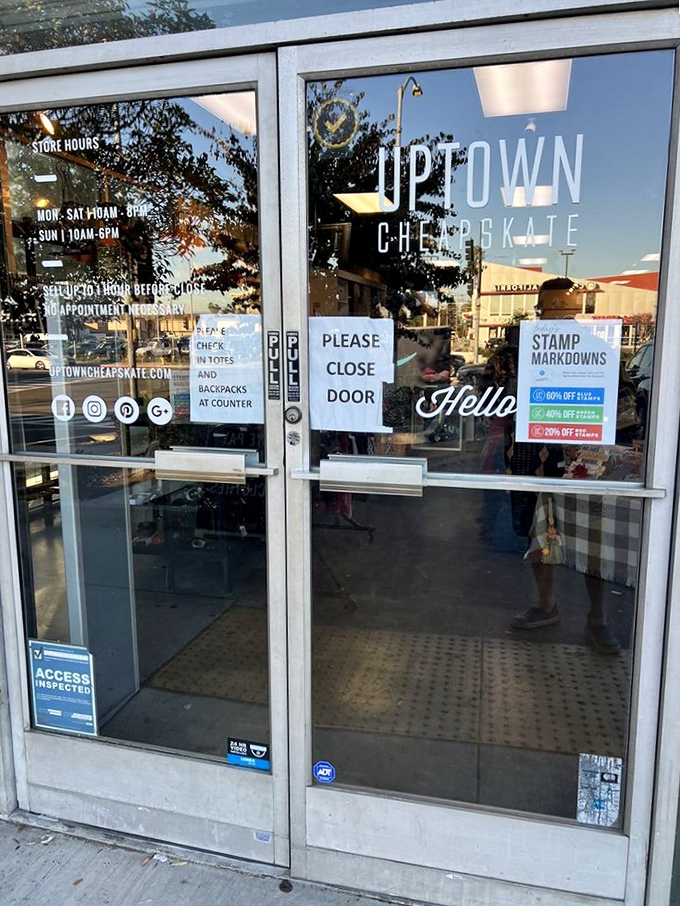 "Please Close Door" reads the sign, because nobody wants the incredible bargains at Uptown Cheapskate escaping into the wild!