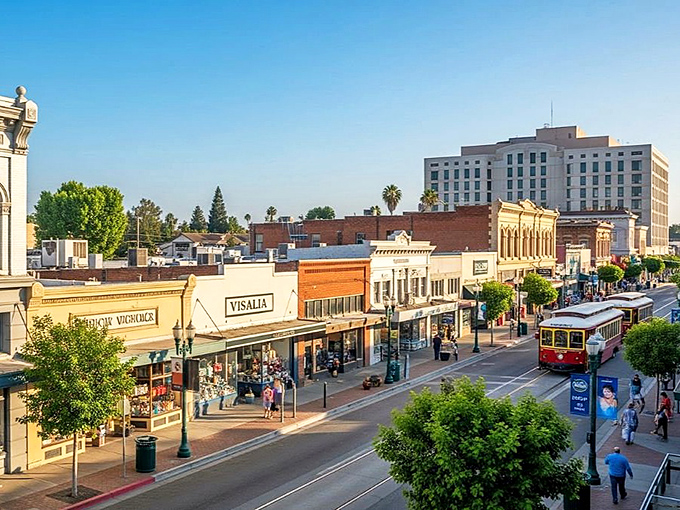A vintage trolley rolls through downtown Visalia, where locally-owned shops and restaurants line streets made for unhurried exploration.