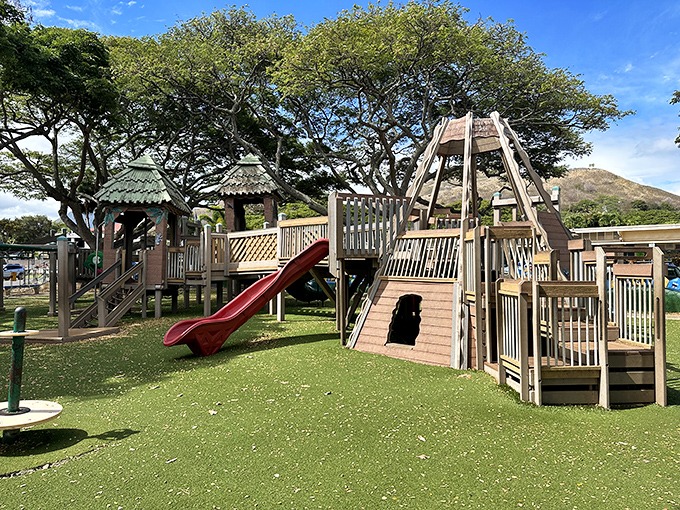 Even the playground equipment looks better when it's surrounded by mountains that belong on a screensaver.