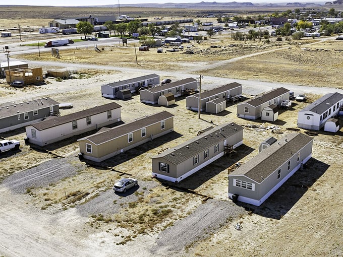 From above, Shoshoni's modest mobile home community reveals itself as a practical grid against the vast Wyoming landscape that surrounds it.