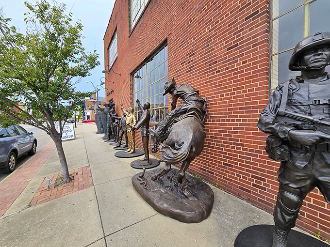 These bronze sentinels stand guard along Zanesville's sidewalks, telling America's story through metal and memory at the Alan Cottrill Sculpture Studio.