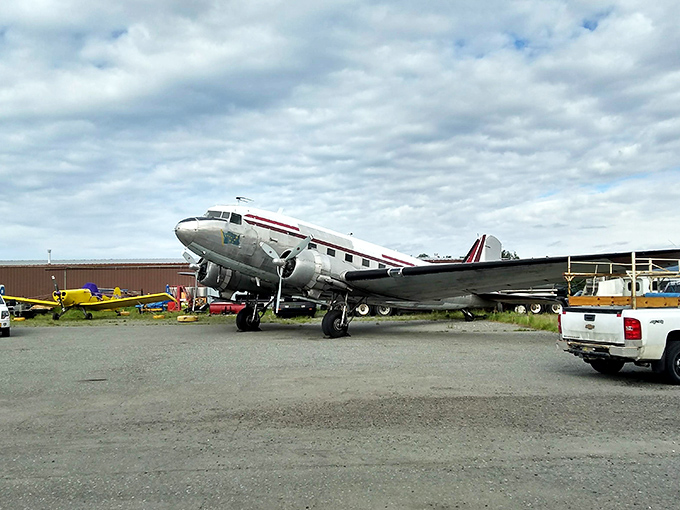 That vintage aircraft at the fairgrounds represents Palmer's aviation heritage, because Alaska without planes is like coffee without caffeine.