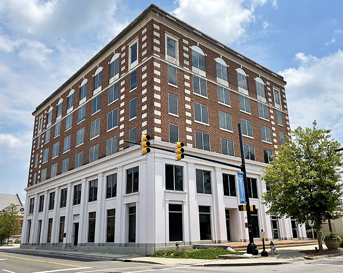 The Andrew Jackson Hotel building stands as an elegant reminder of Rock Hill's historic significance, its brick facade telling stories of generations past.