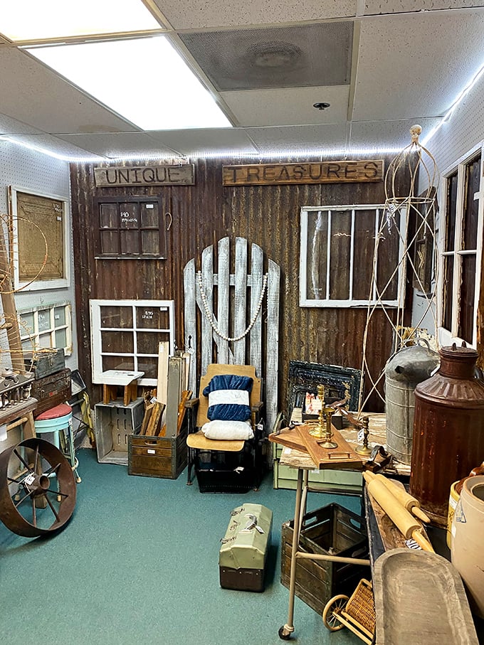 Unique Treasures indeed! This booth looks like what would happen if a cowboy, a homesteader, and a craftsman pooled their prized possessions.