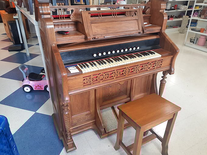 This isn't just an antique pump organ; it's a time machine with keys, waiting for fingers to bring its dormant melodies back to life.