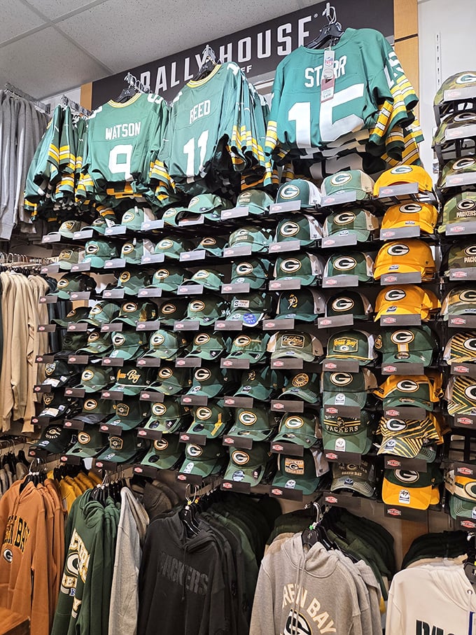 Packers paradise! Wisconsin's beloved green and gold transforms everyday fan gear shopping into a pilgrimage for the faithful.