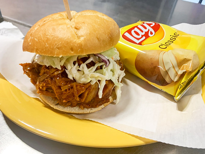 The BBQ pork sandwich arrives on fresh-baked bread, proving this bakeshop knows its way around savory just as well as sweet.