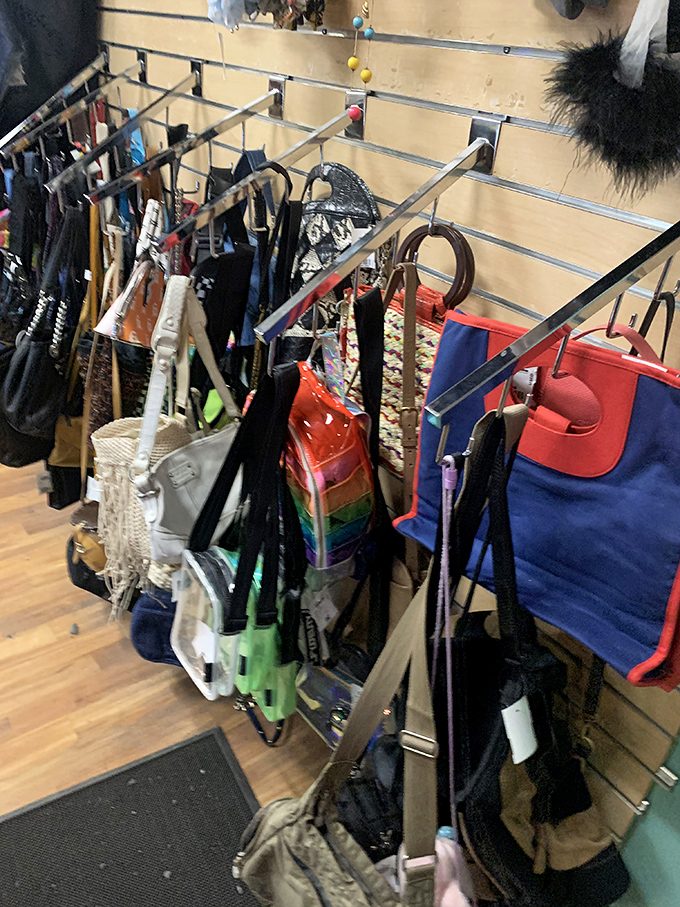 Handbags hanging like artwork, except you can actually afford to take these home without refinancing your house.