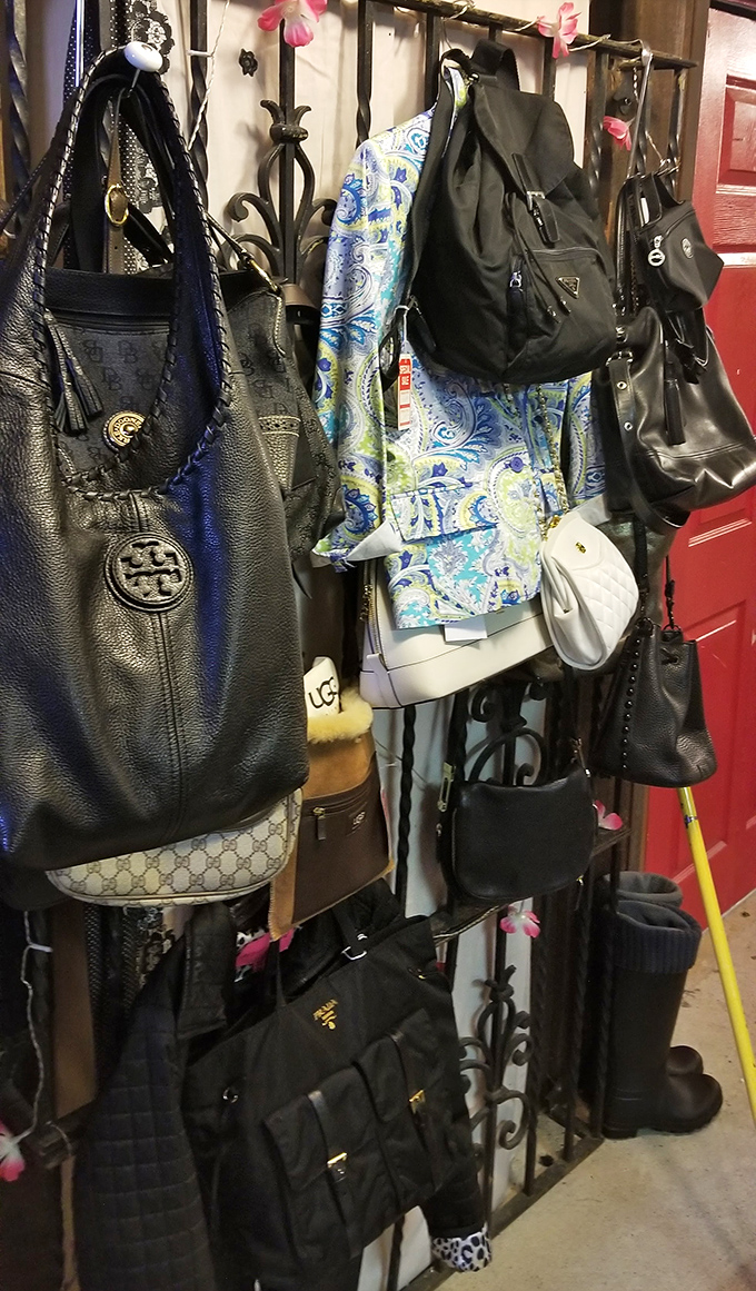 Designer bags without designer prices! These leather treasures hang like trophies, each with a previous life more interesting than most reality shows.