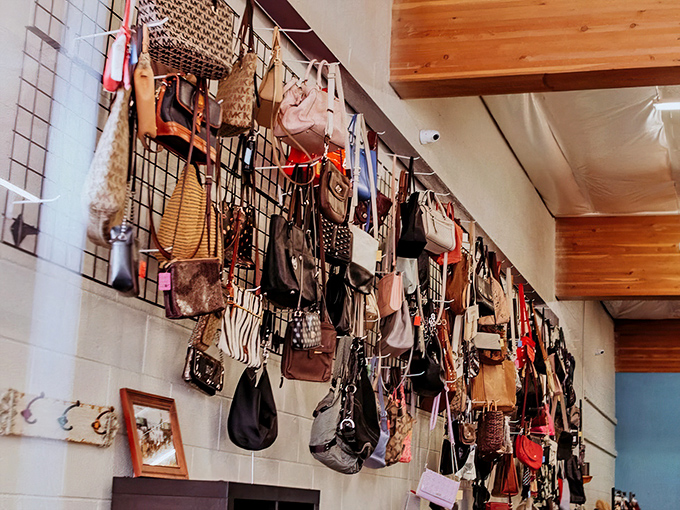 Handbag heaven! This wall of purses tells a thousand stories, each waiting for its next chapter with you.