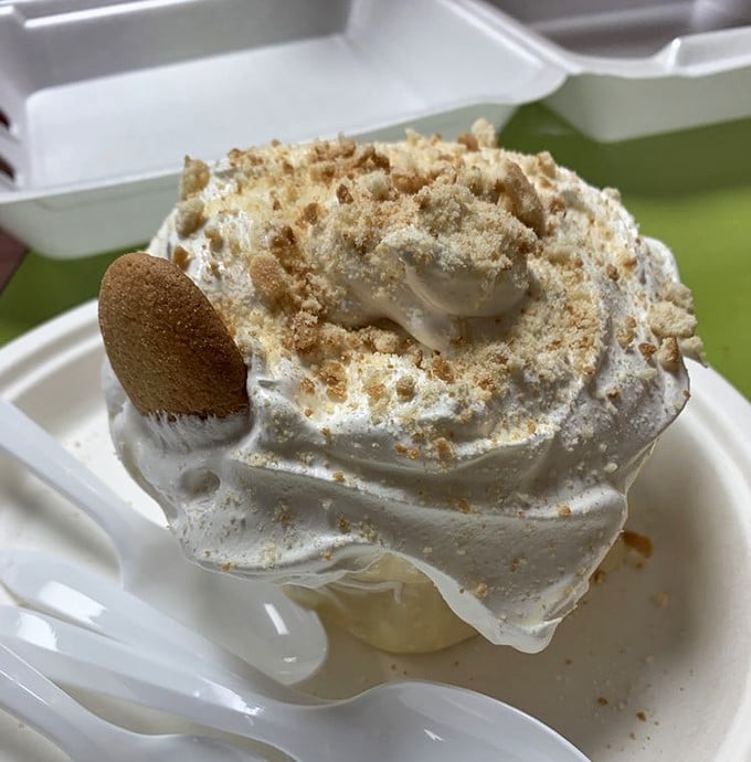 This banana pudding isn't just dessert, it's a cloud of vanilla nostalgia topped with cookie crumbles that would make your grandmother weep with joy.