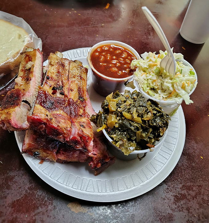 When ribs have that perfect pink smoke ring, you know you've found barbecue nirvana. Add those sides and you've got a holy trinity of Southern comfort.