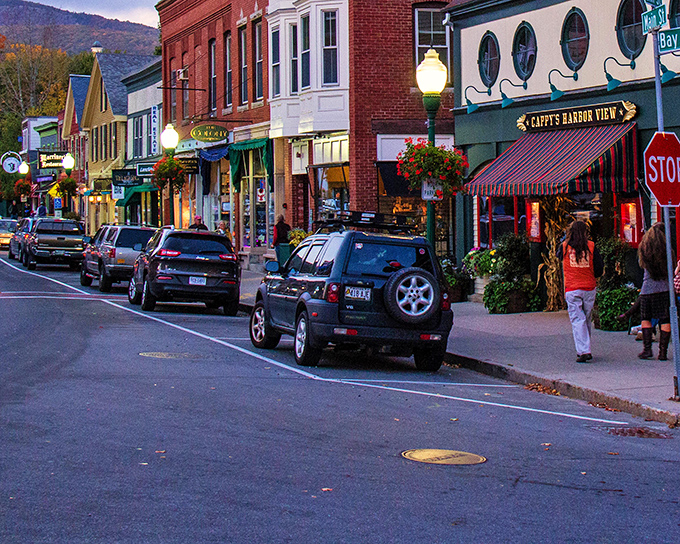 Twilight transforms Camden's main street into a Norman Rockwell painting with mountains as the backdrop and charm as the main subject.