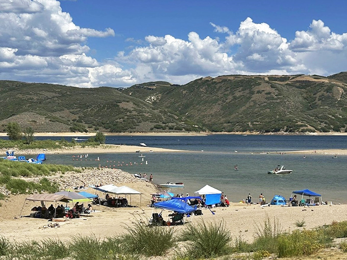 Beach day, Utah style &ndash; complete with pop-up shade and enough blue water to make you forget you're landlocked.