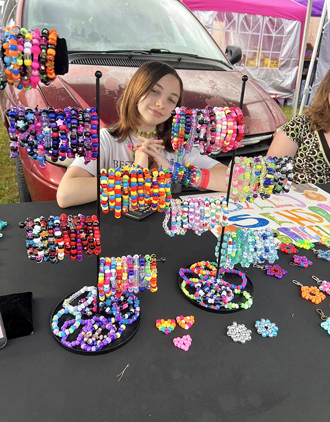 A kaleidoscope of beaded bracelets awaits new wrists. Remember when friendship bracelets were currency in middle school? These are the grown-up version.